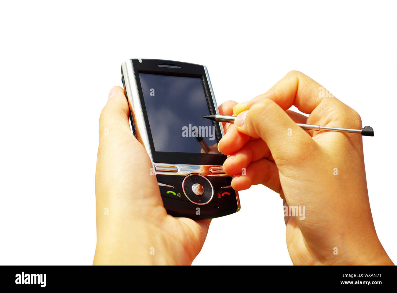 hands with communicator isolated over white background Stock Photo - Alamy
