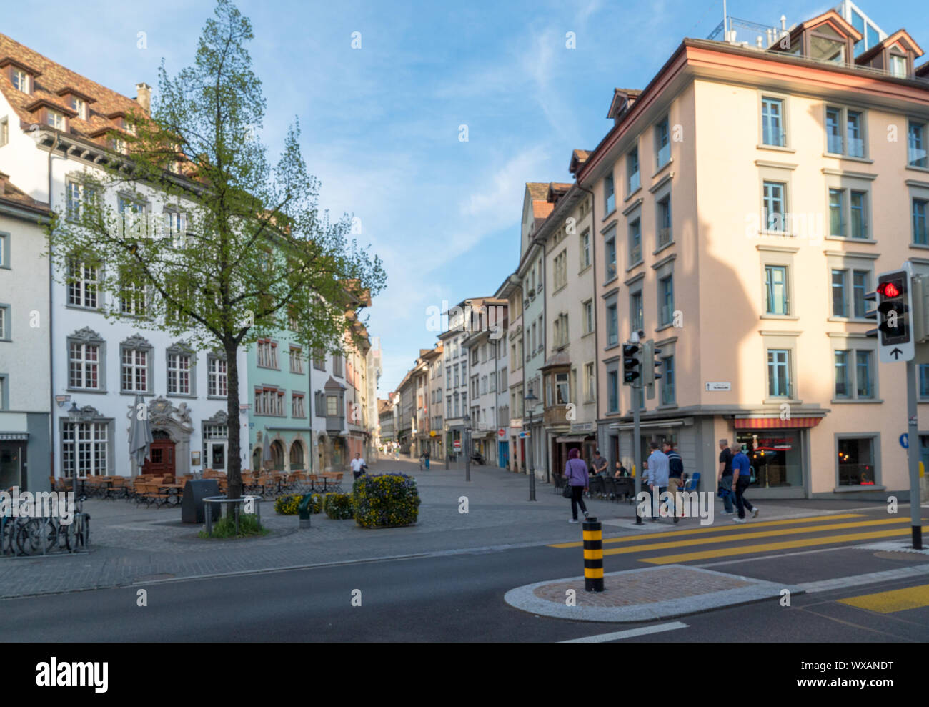 Schaffhausen, SH / Switzerland - 22 April, 2019: the pedestrian zone ...