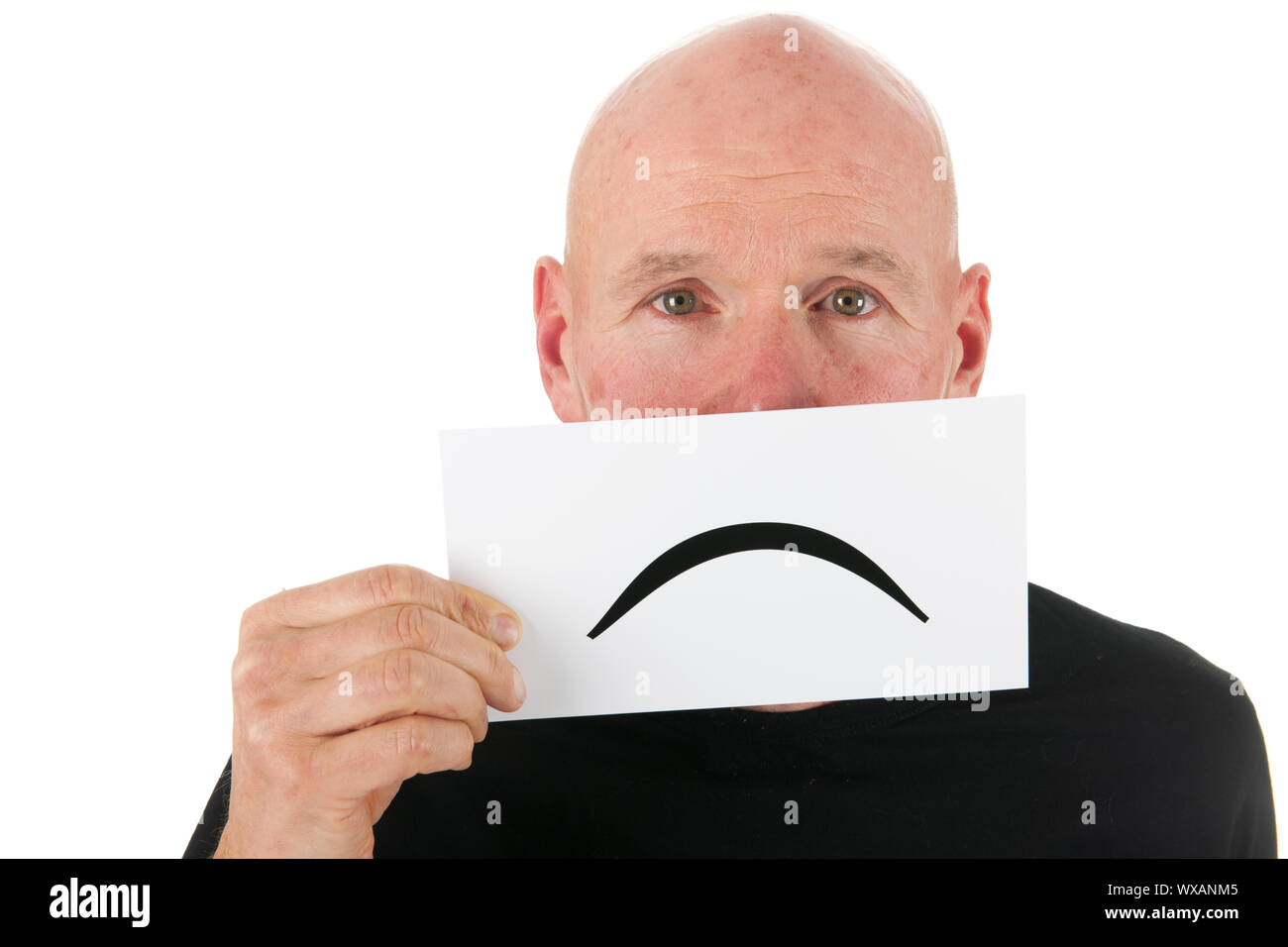 Concept sad man with smiley card isolated over white background Stock ...