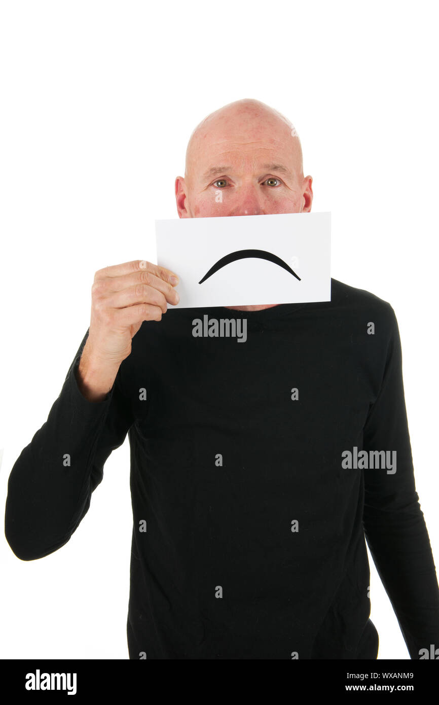 Portrait sad man with smiley isolated over white background Stock Photo ...