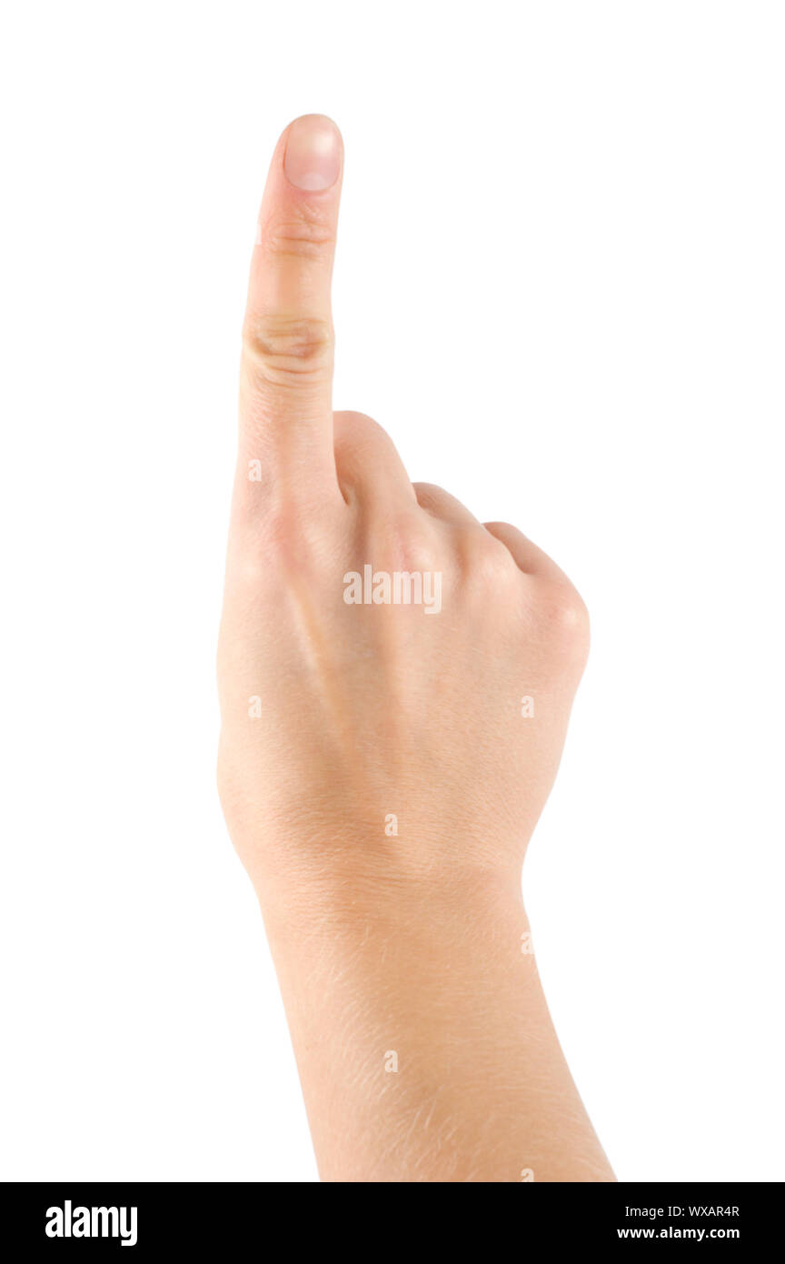 Hand simulating pressing a button or something else with index finger extended, isolated on a ...