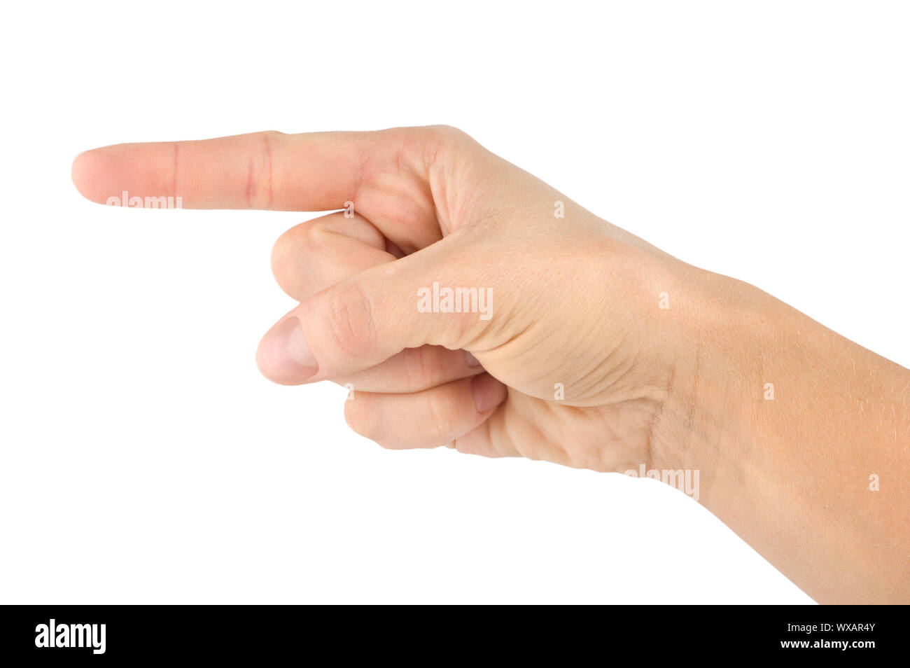 Hand simulating pressing a button or something else with index finger extended, isolated on a ...