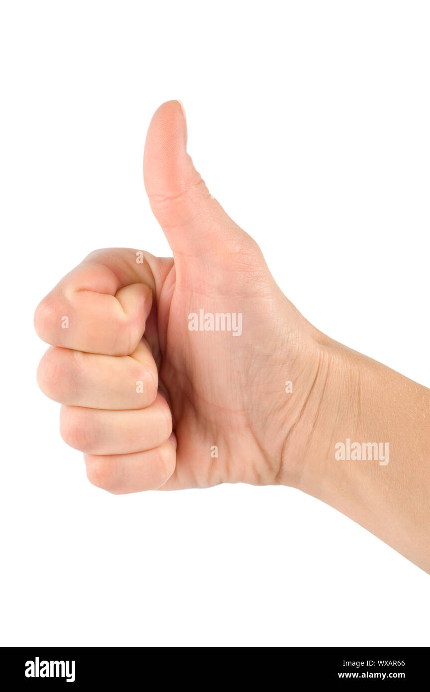 Thump up hand sign isolated on white Stock Photo - Alamy