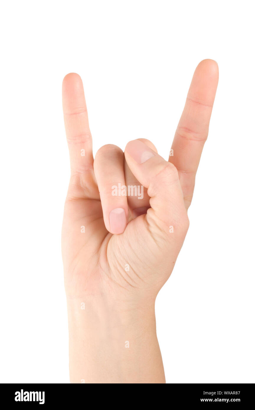 Hand showing horns isolated on a white background Stock Photo - Alamy