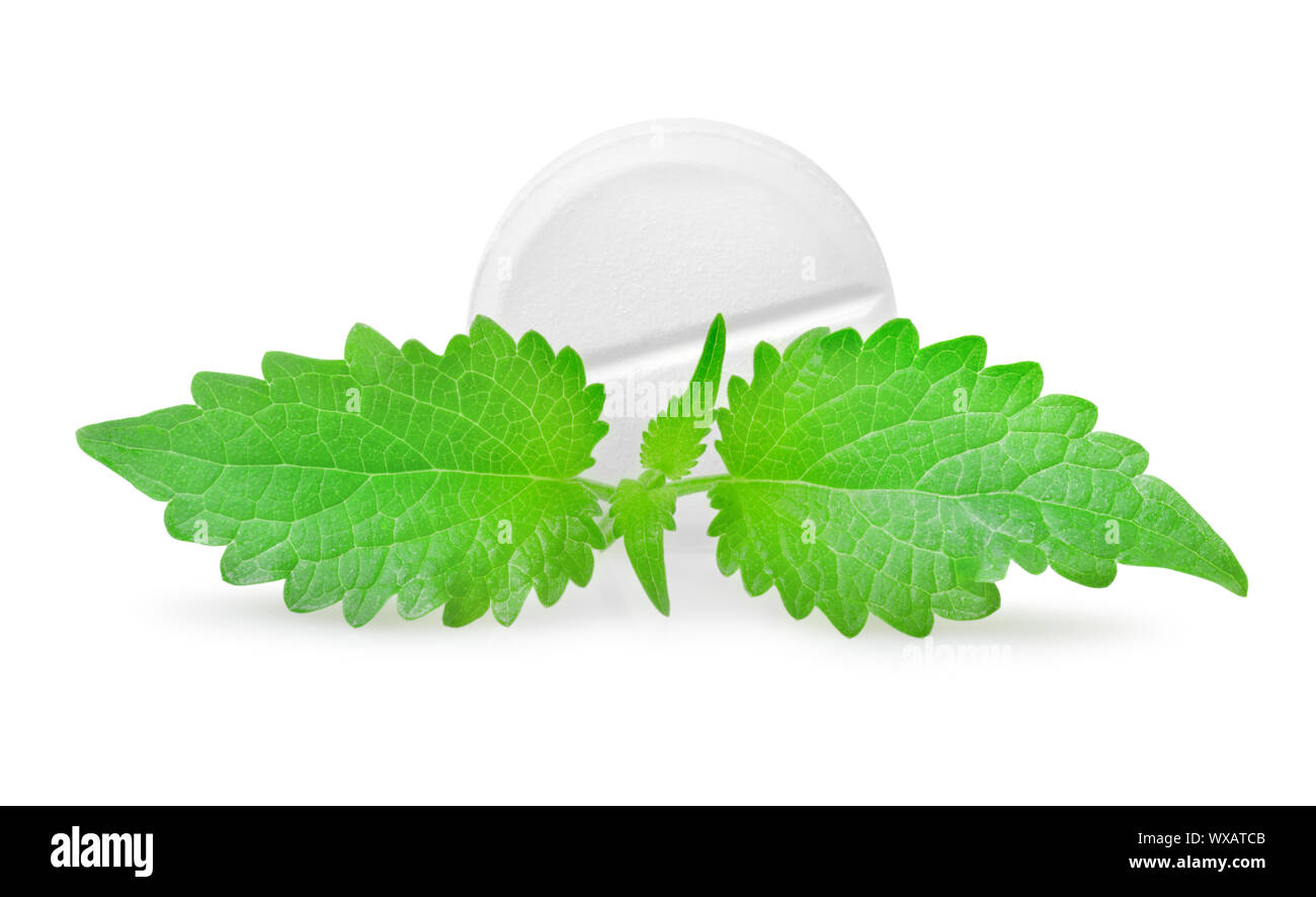 Tablet with mint leaves isolated on white background Stock Photo - Alamy