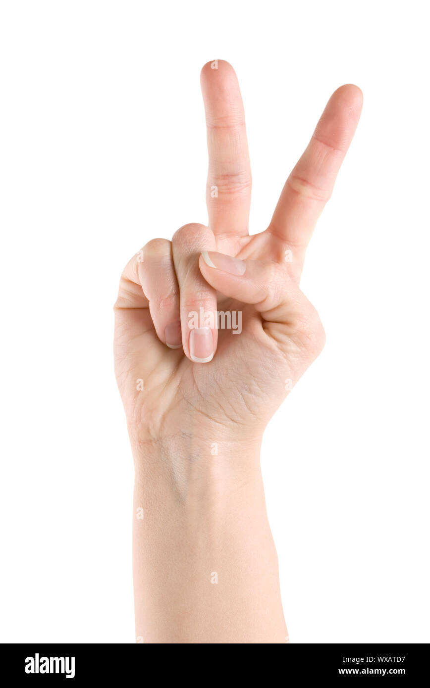 Hand showing victory sign or counting two isolated on white background ...