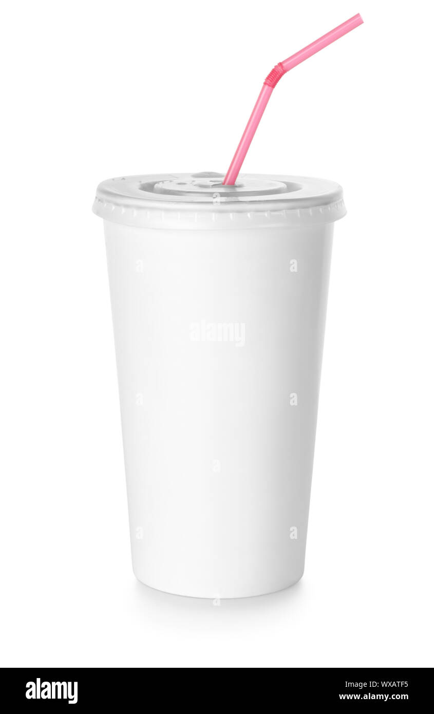 White paper cup and red drinking straw isolated on white background ...