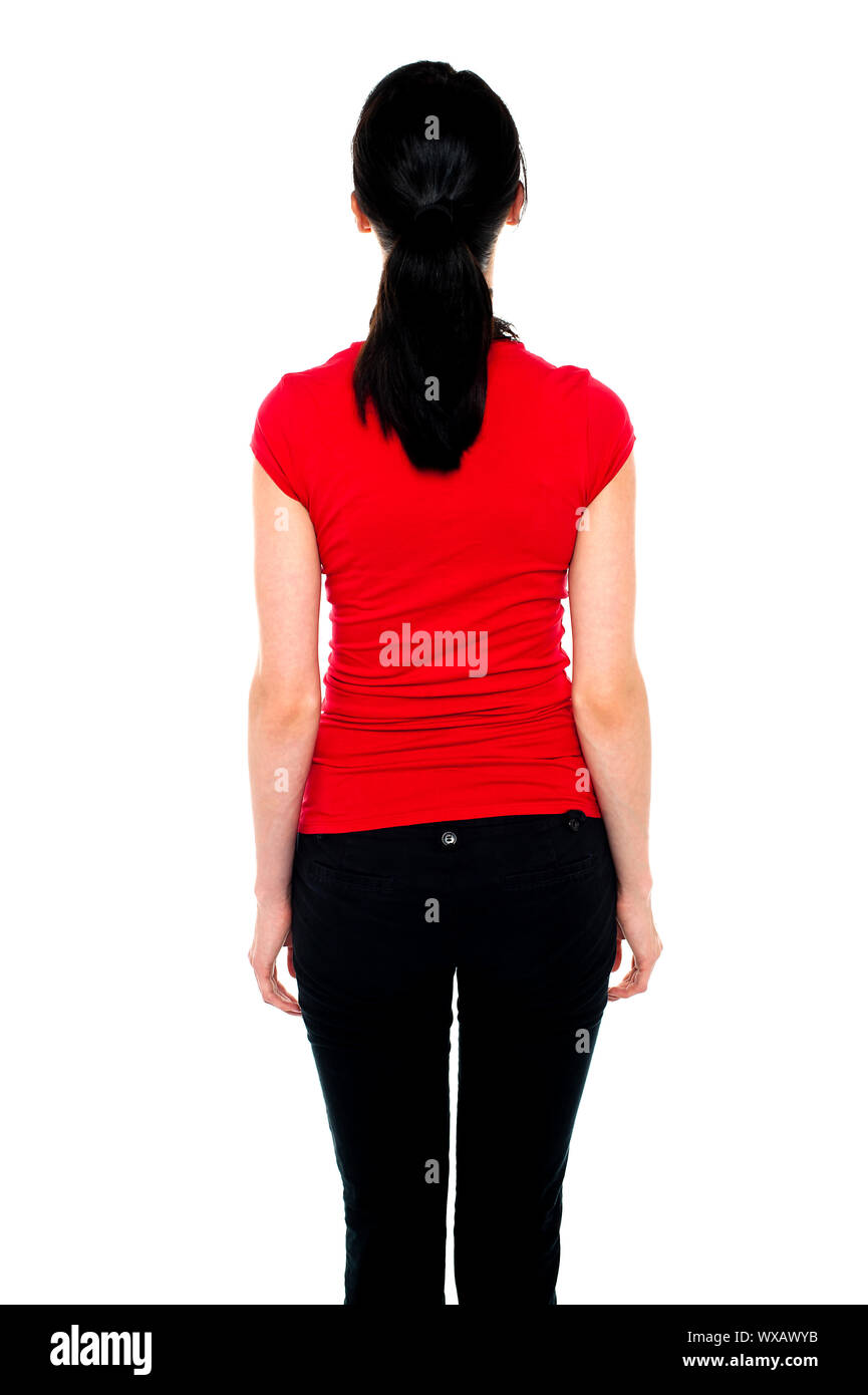 Shapely woman with her back facing camera. All on white background ...