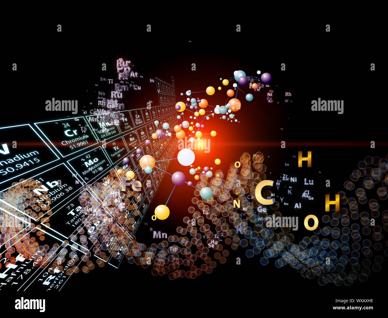 Creative arrangement of chemical icons, fractal graphics and design ...