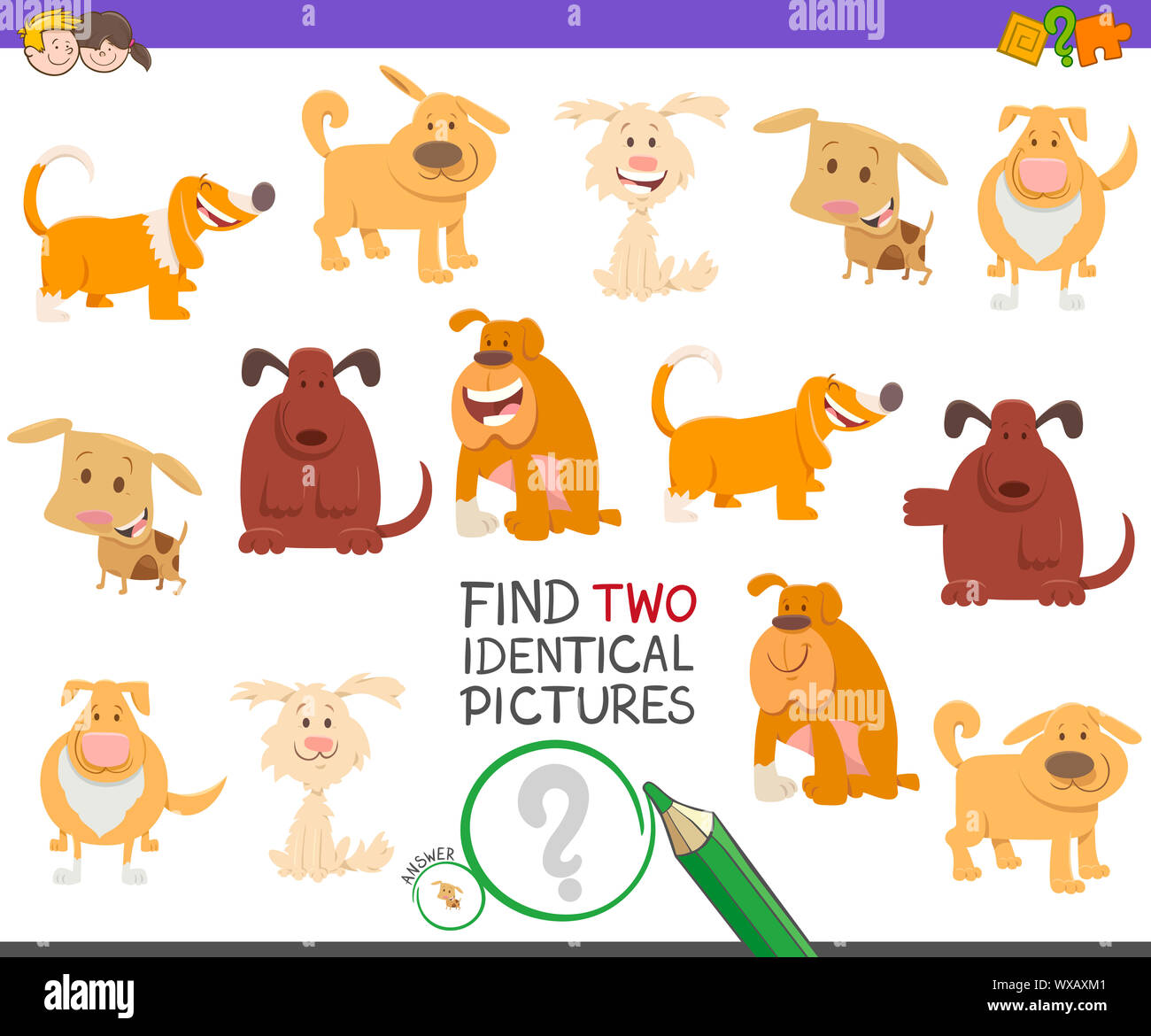 find two identical dogs task for kids Stock Photo - Alamy