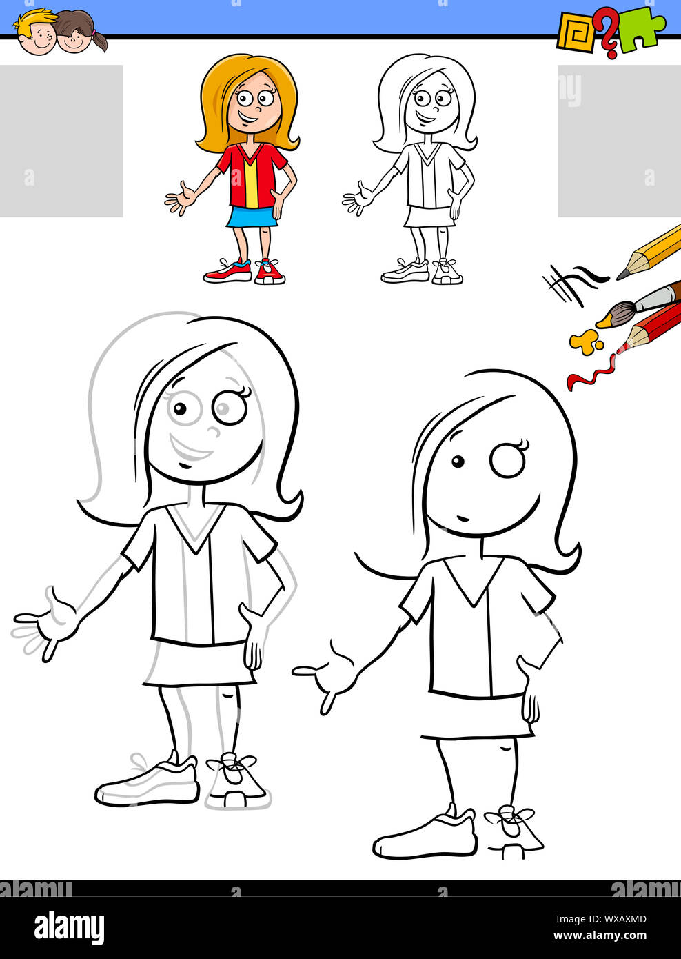 drawing and coloring task with happy girl Stock Photo - Alamy