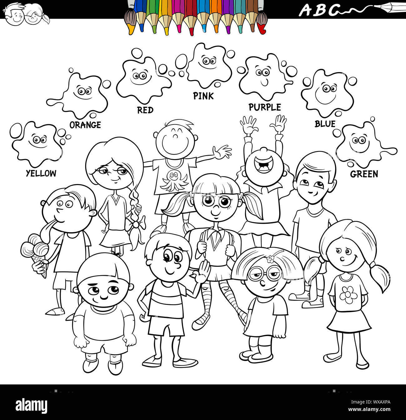 basic colors coloring book with happy kids Stock Photo - Alamy