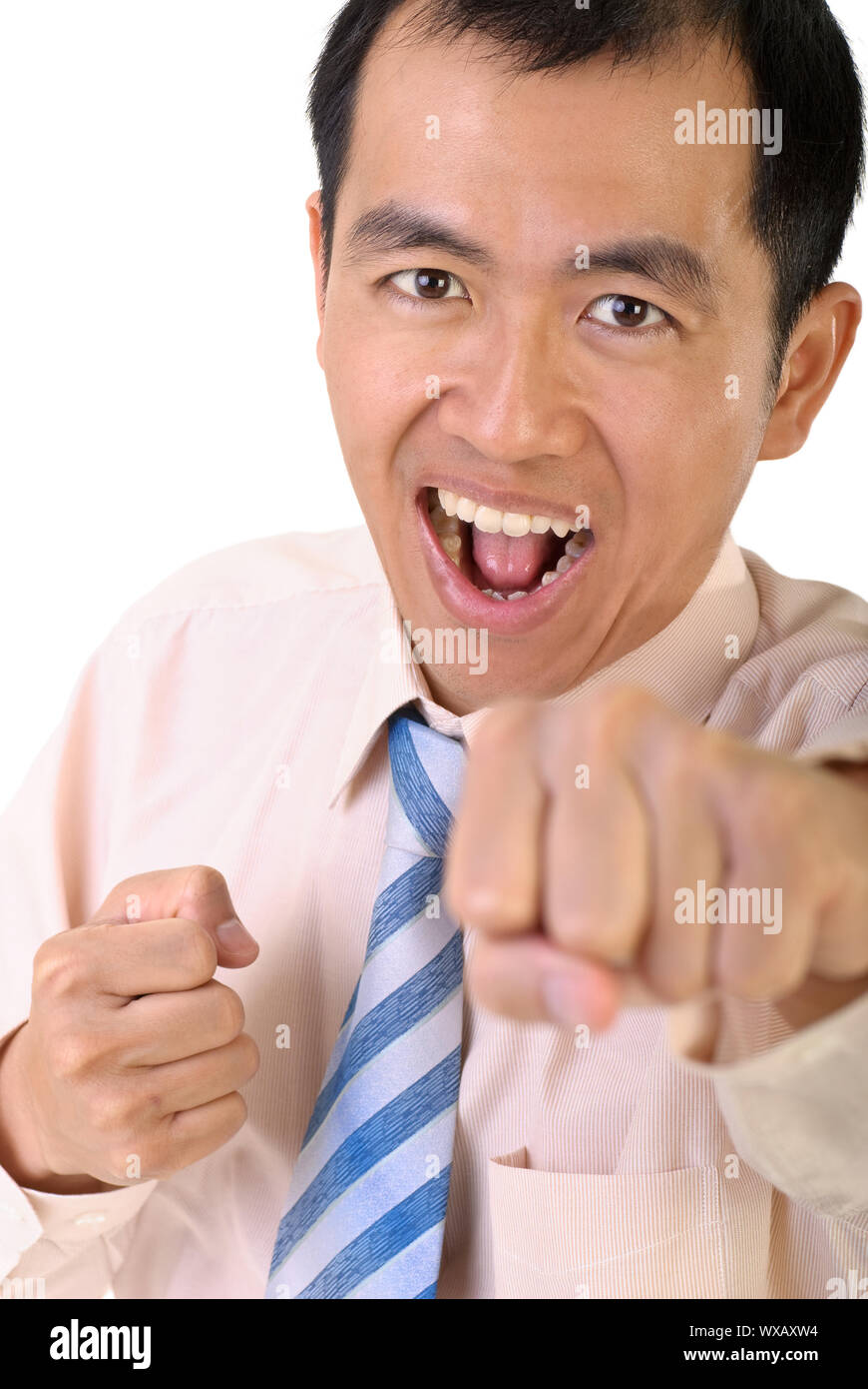 Businessman fighting by fist on white background Stock Photo - Alamy