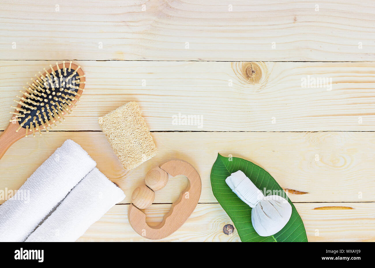 Spa equipment top view on wood background, spa concept Stock Photo - Alamy