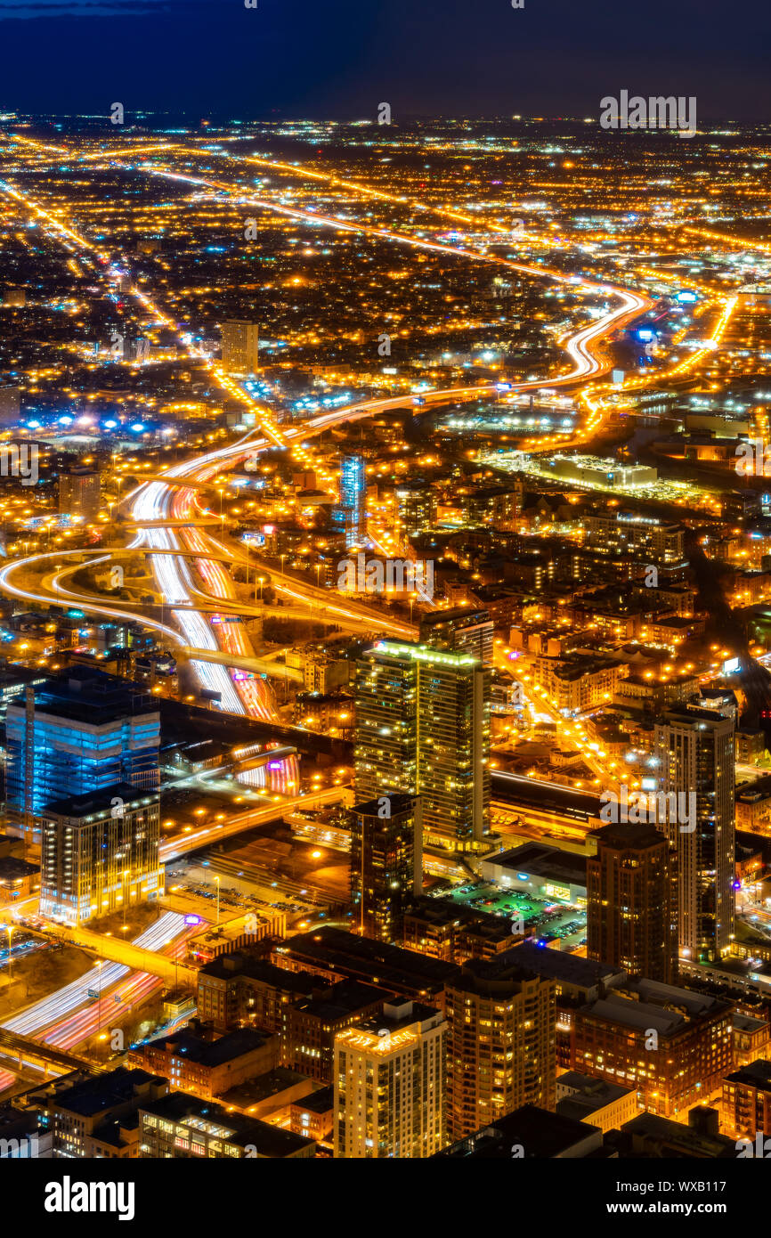 Aerial cityscape illuminated chicago skyscrapers hi-res stock ...