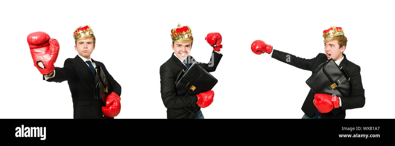 Funny businessman with crown and boxing gloves Stock Photo - Alamy