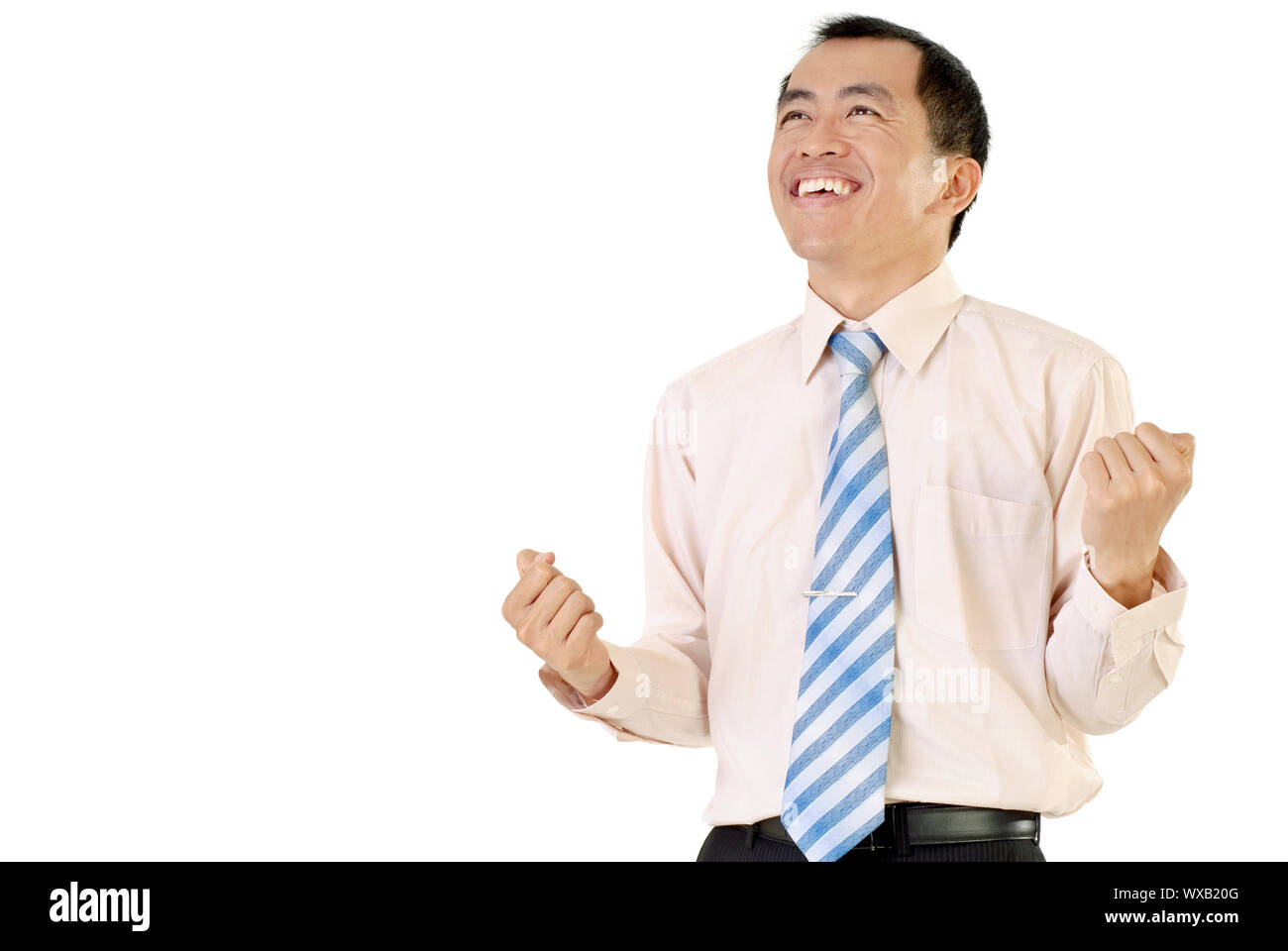 Happy successful business man with cheerful expression on white ...
