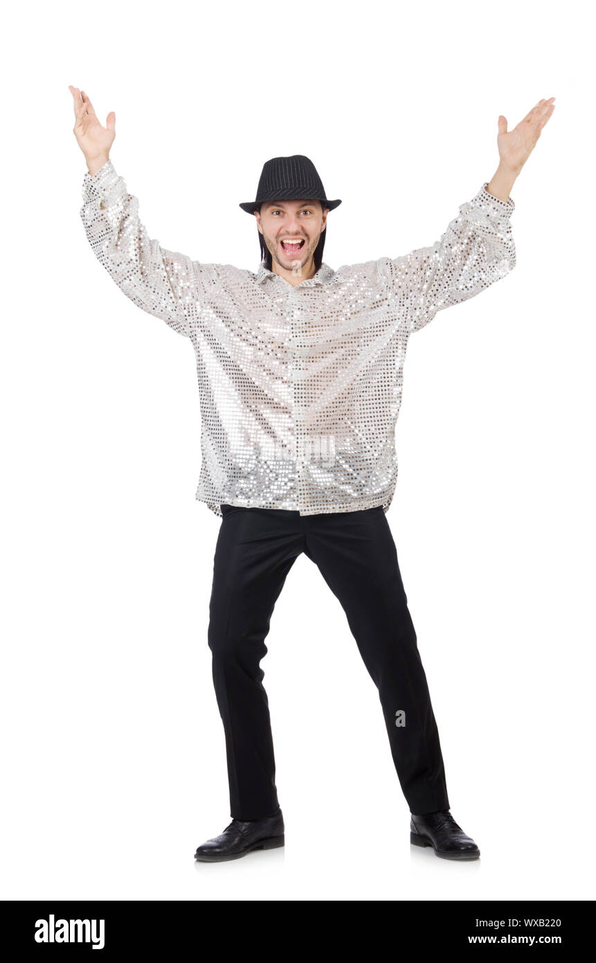 Performer in shiny costume isolated on white Stock Photo - Alamy