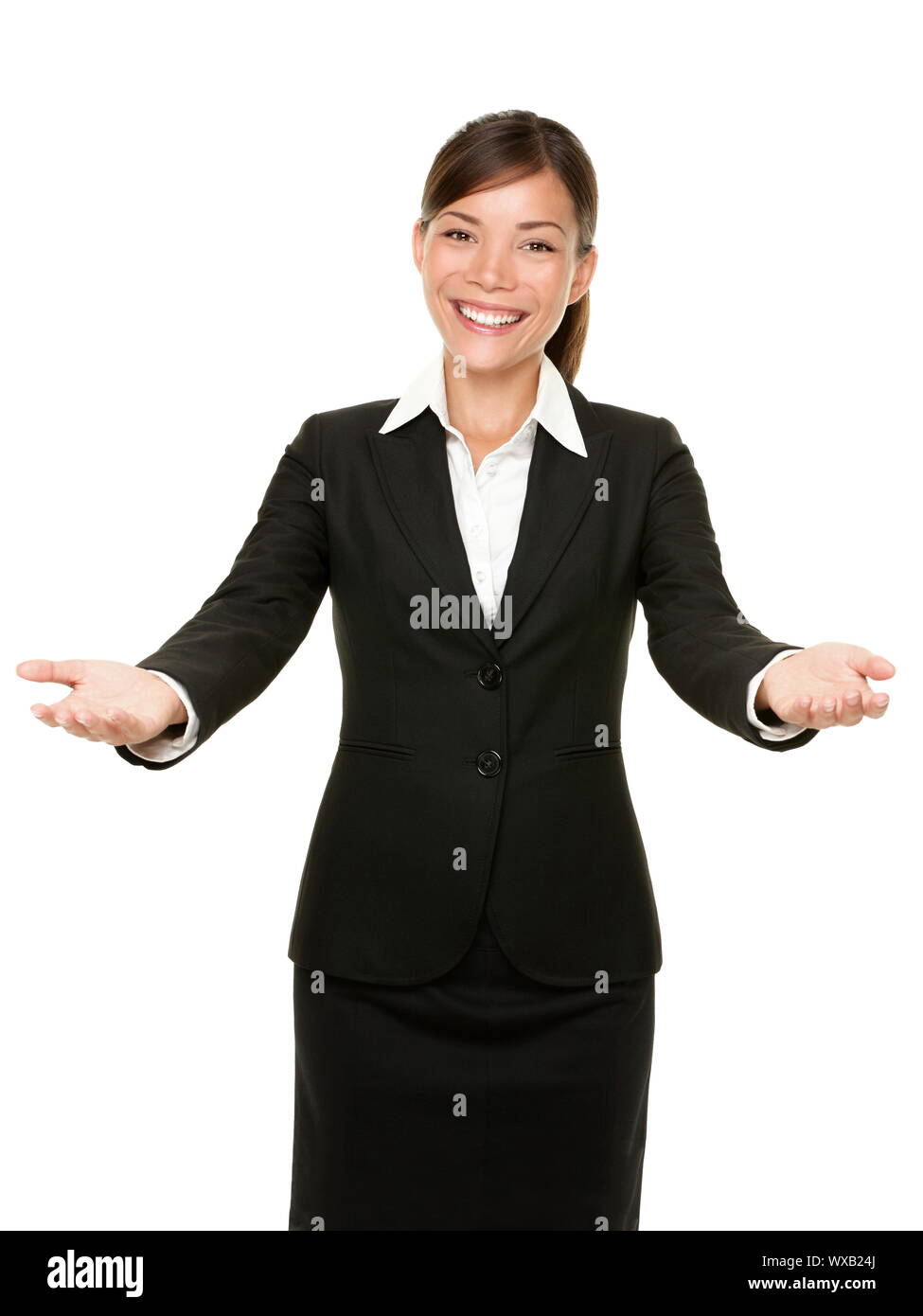 welcome gesture business woman smiling friendly and welcoming isolated ...