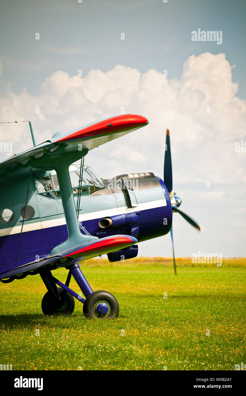 Vintage single-engine biplane aircraft ready to take off Stock Photo ...