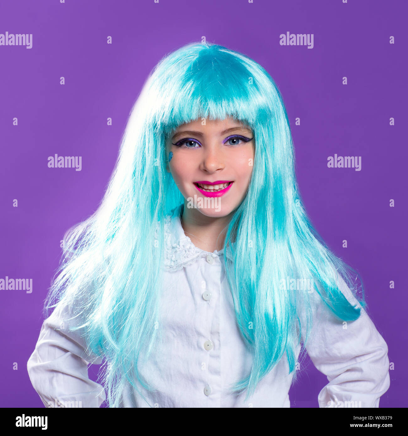 Children girl with blue turquoise long wig as fashiondoll on purple ...