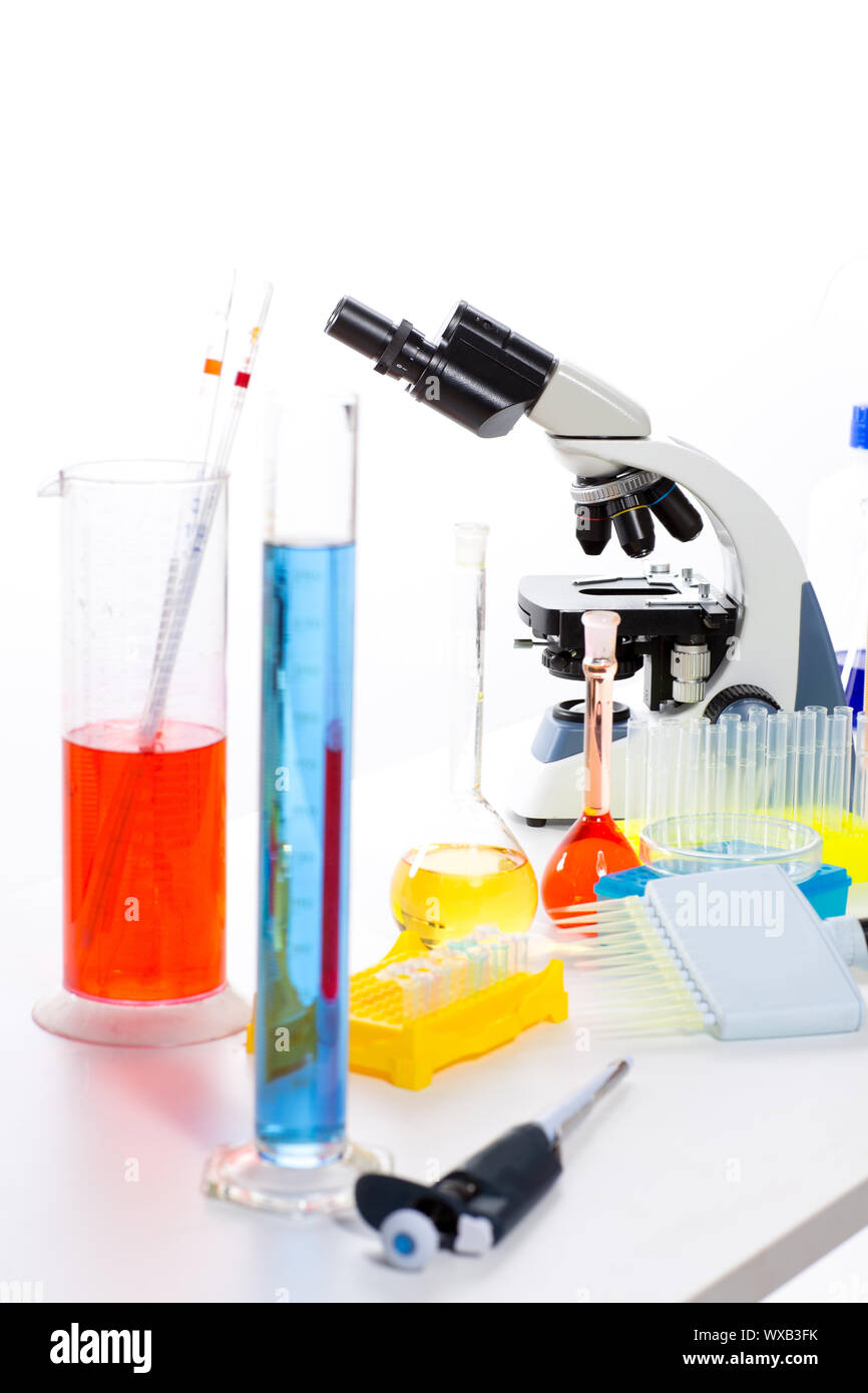 Chemical laboratory with microscope test tube flask pipette Stock Photo ...
