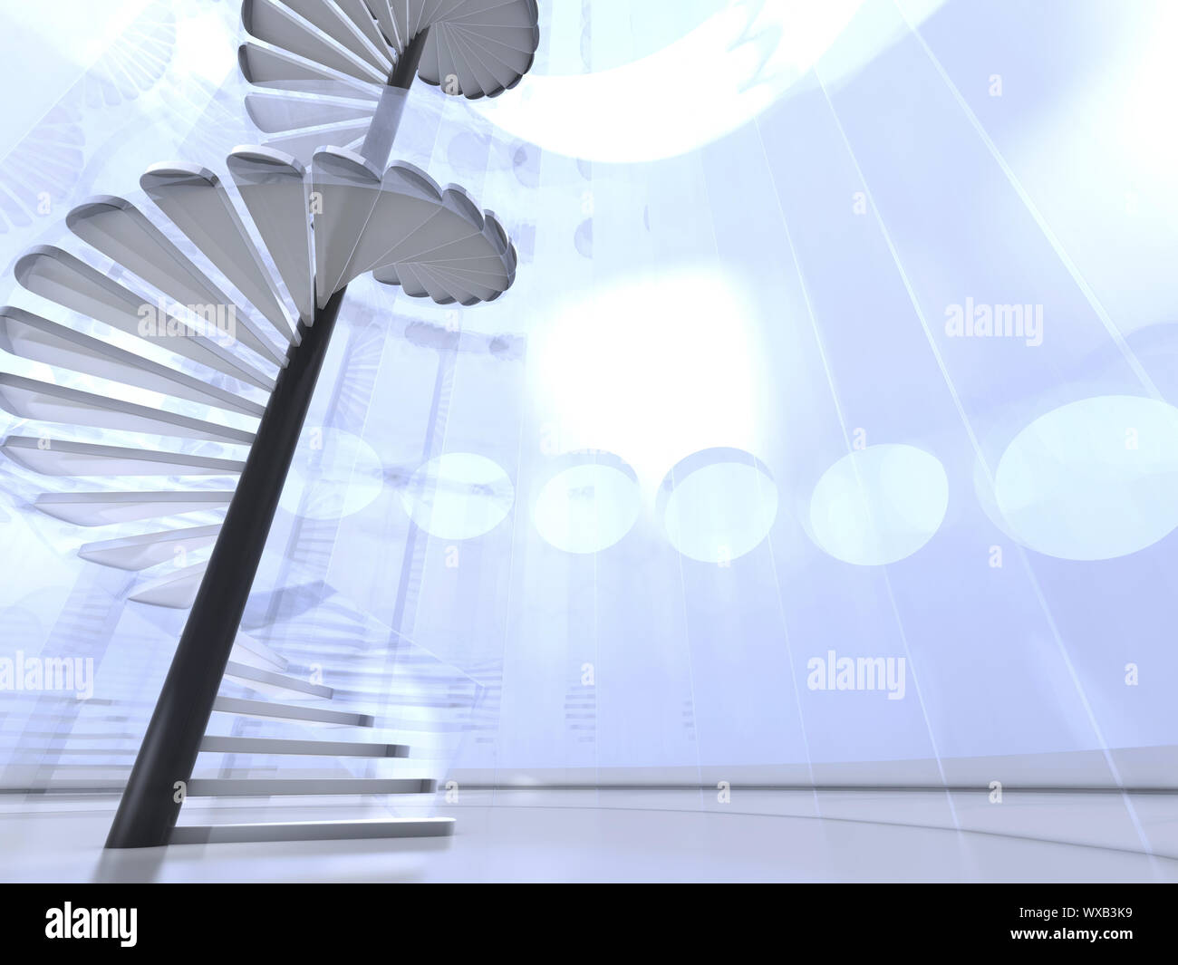 Futuristic modern round indoor with glass spiral staircase and circle ...