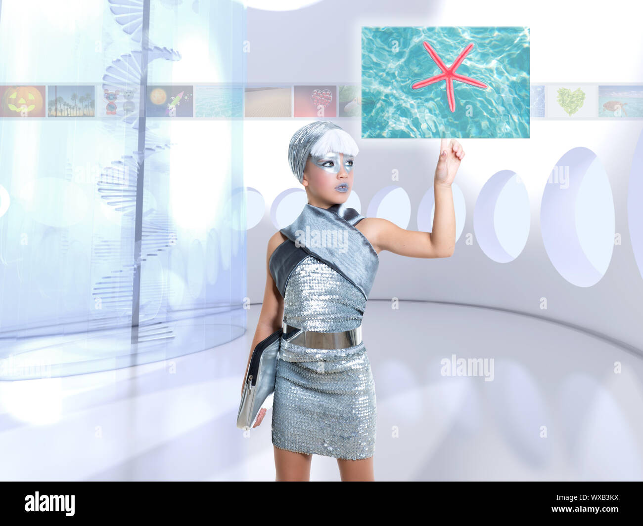 futuristic children girl in silver finger touch images at glass ...