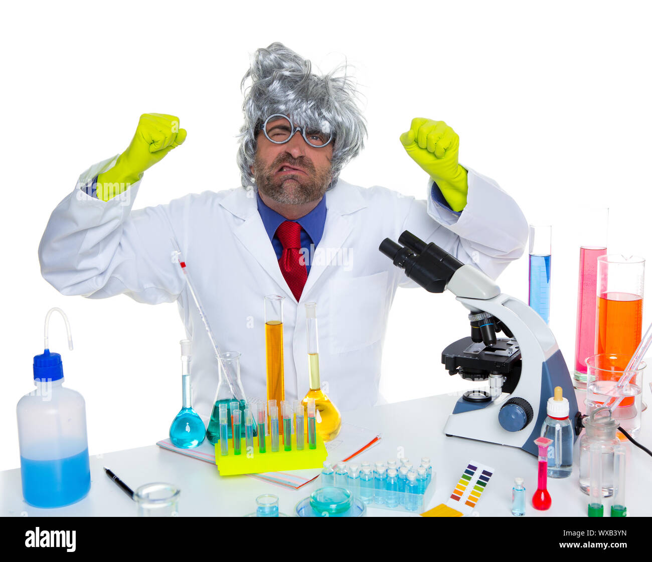 Crazy mad nerd scientist funny expression at laboratory on chemical ...
