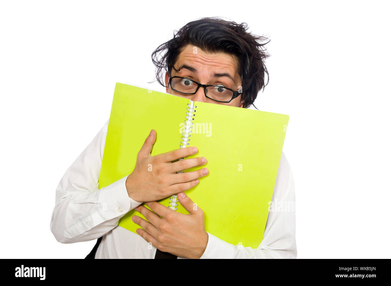 Male student holding notes isolated on white Stock Photo - Alamy