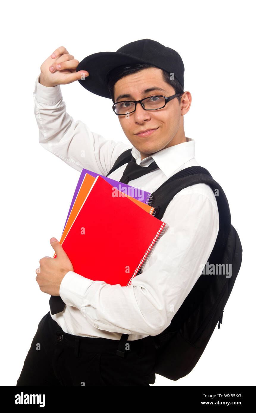 Male student holding notes isolated on white Stock Photo - Alamy