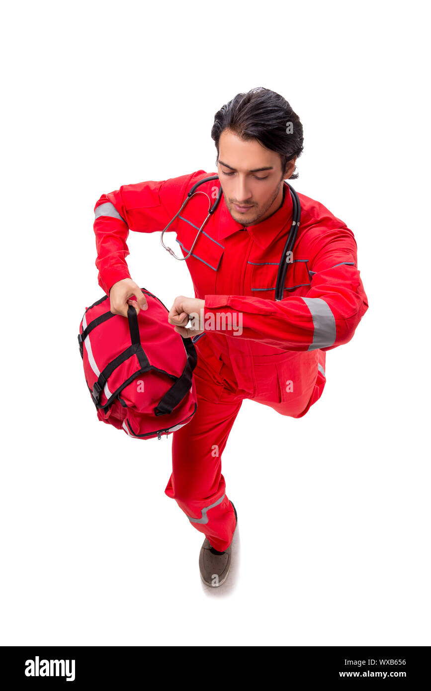 Young paramedic in red uniform isolated on white Stock Photo - Alamy