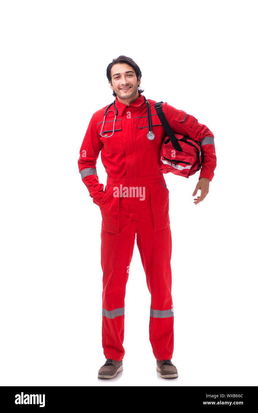 Young paramedic in red uniform isolated on white Stock Photo - Alamy