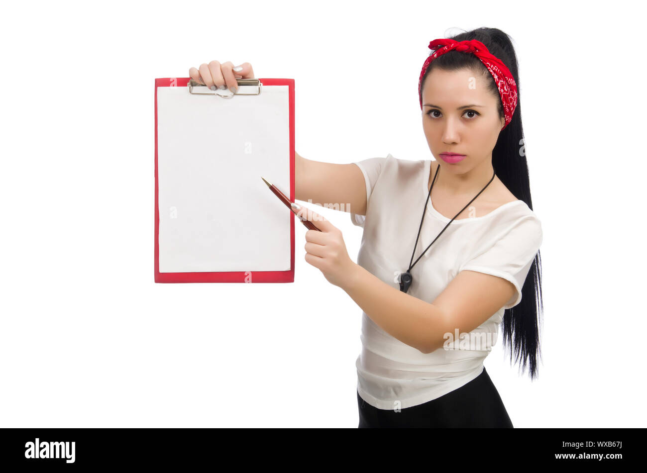 Attractive female fitness trainer isolated on white Stock Photo - Alamy