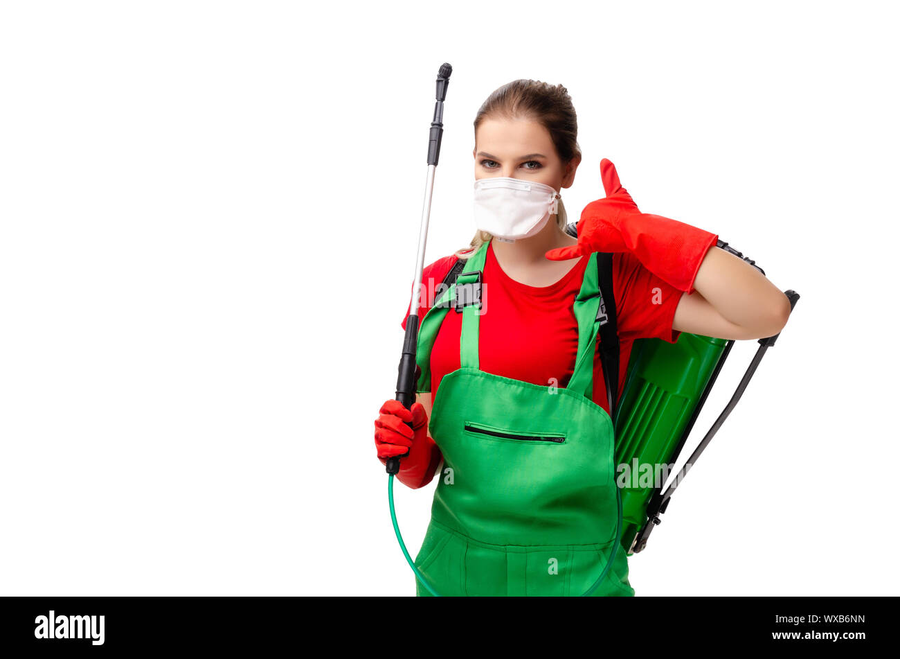 Female pest control contractor isolated on white Stock Photo - Alamy