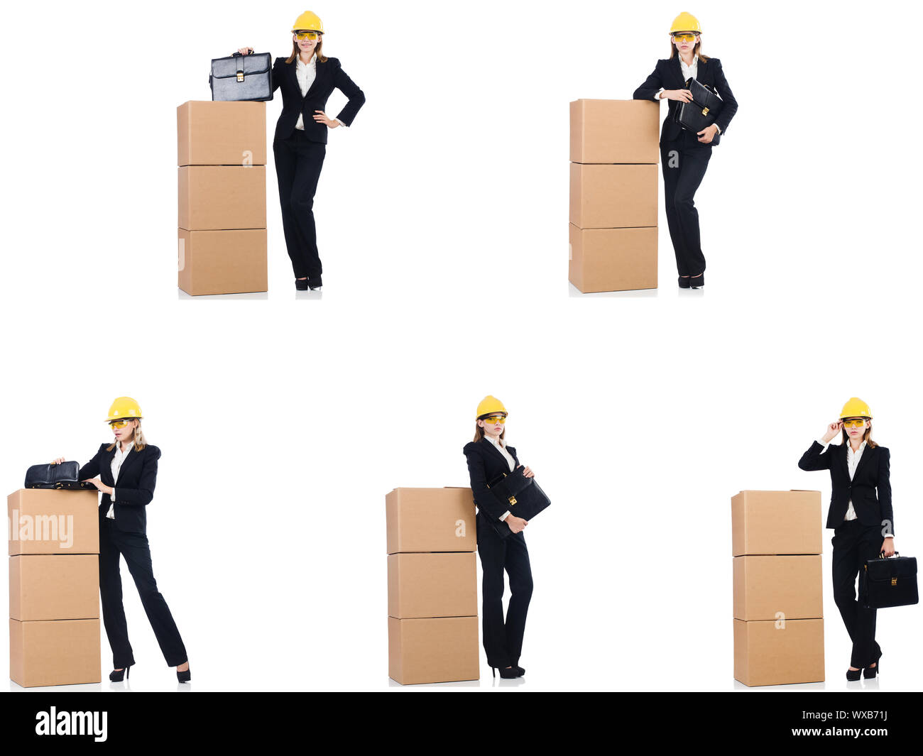 Woman builder with box isolated on white Stock Photo - Alamy