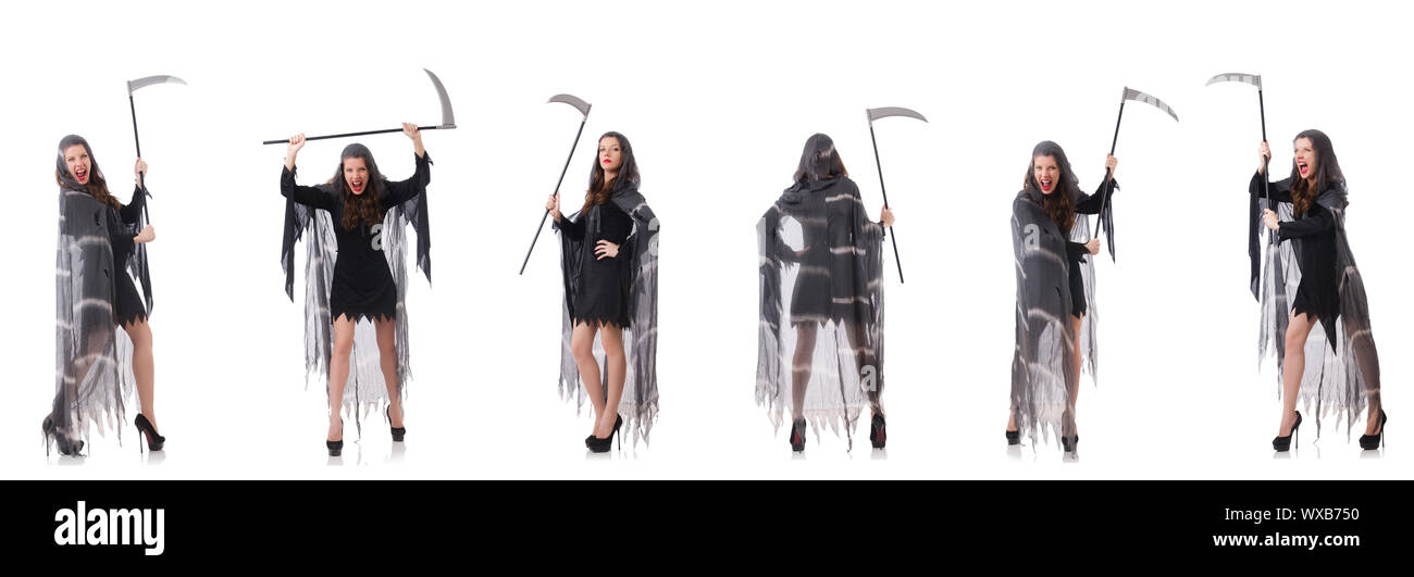 Woman with scythe isolated on white Stock Photo - Alamy