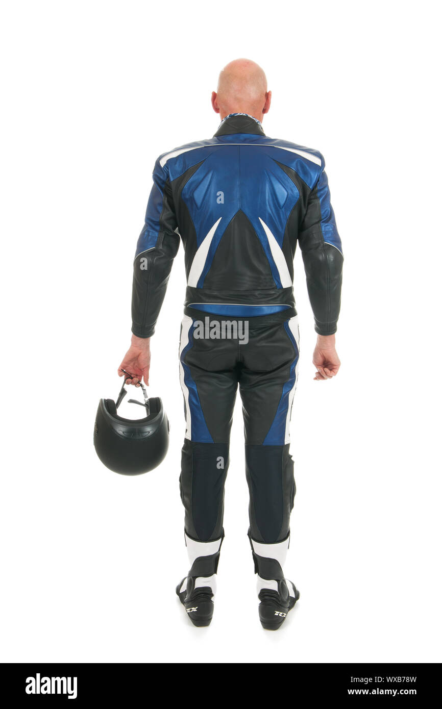 Backside motor biker in leather suit isolated over white background ...