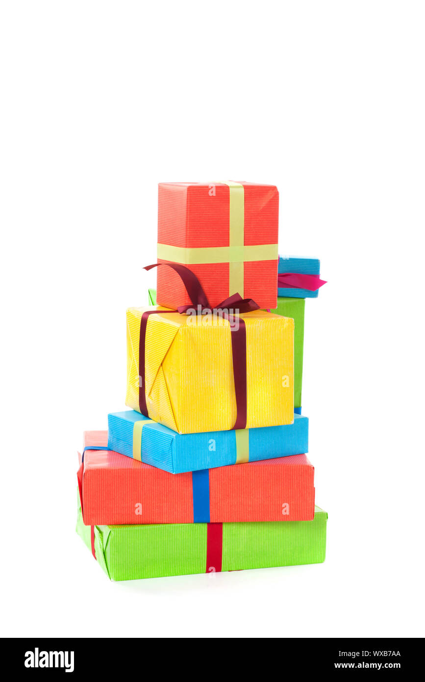 stacked colorful presents for birthday Christmas etc Stock Photo - Alamy