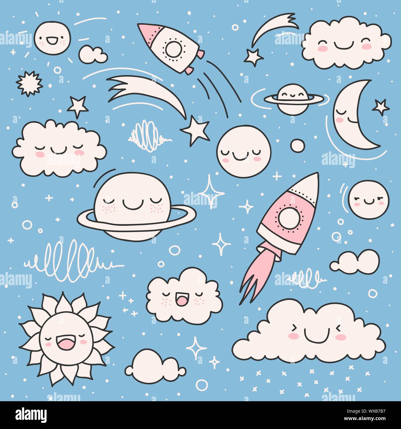 Cute doodle set of sky and space related elements for kids or babies ...