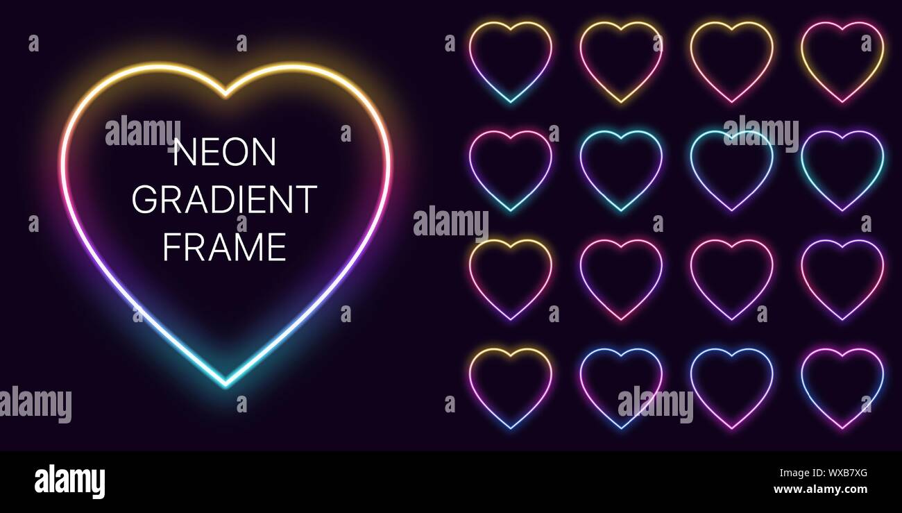 Neon gradient heart Frame with copy space. Templates set of Neon ...