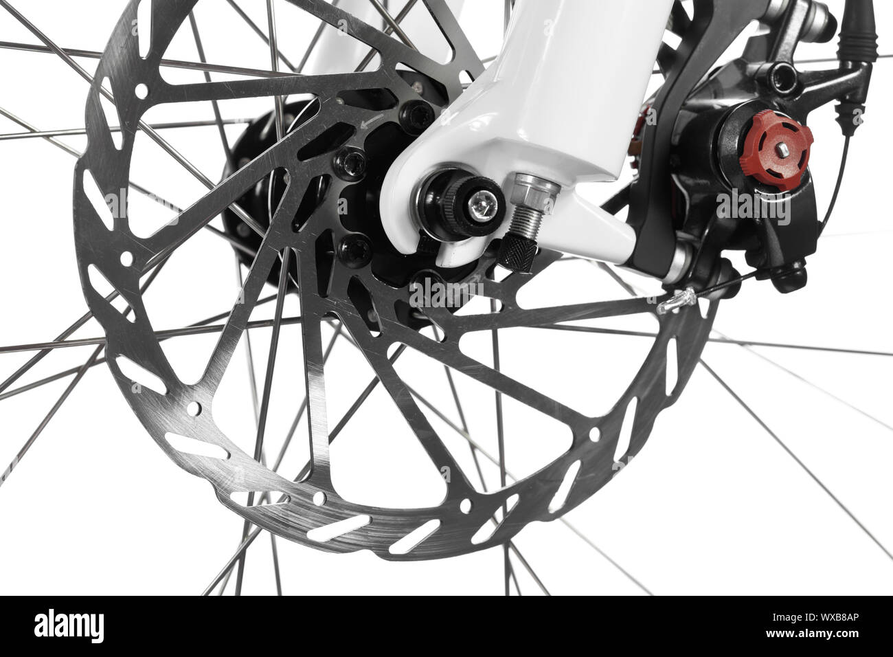 Mountain bike front wheel with mechanical disc brake on white ...