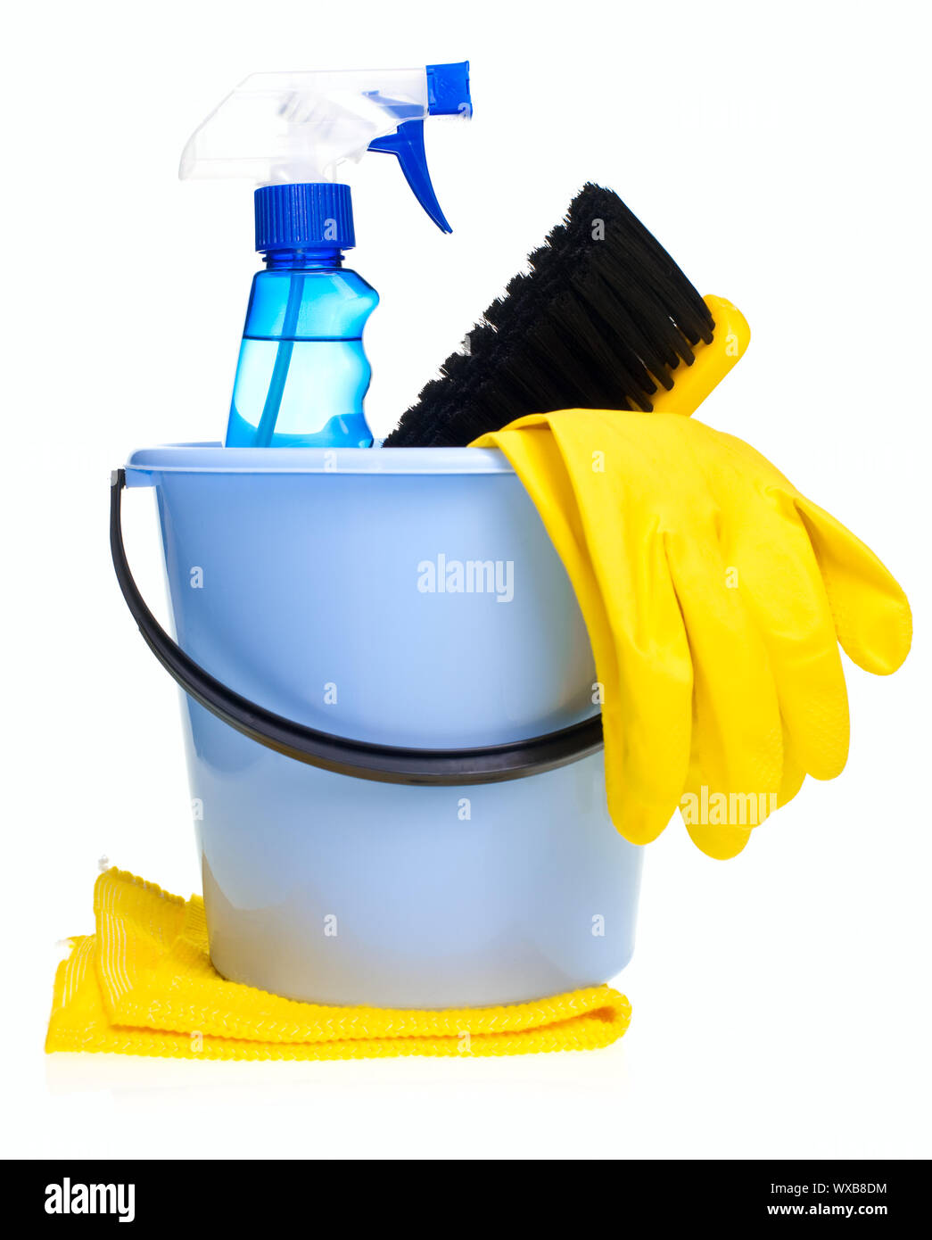 Plastic bucket with cleaning supplies on white background Stock Photo ...