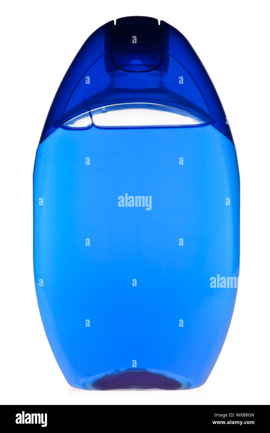 Blue transparent shampoo bottle on white background Stock Photo - Alamy