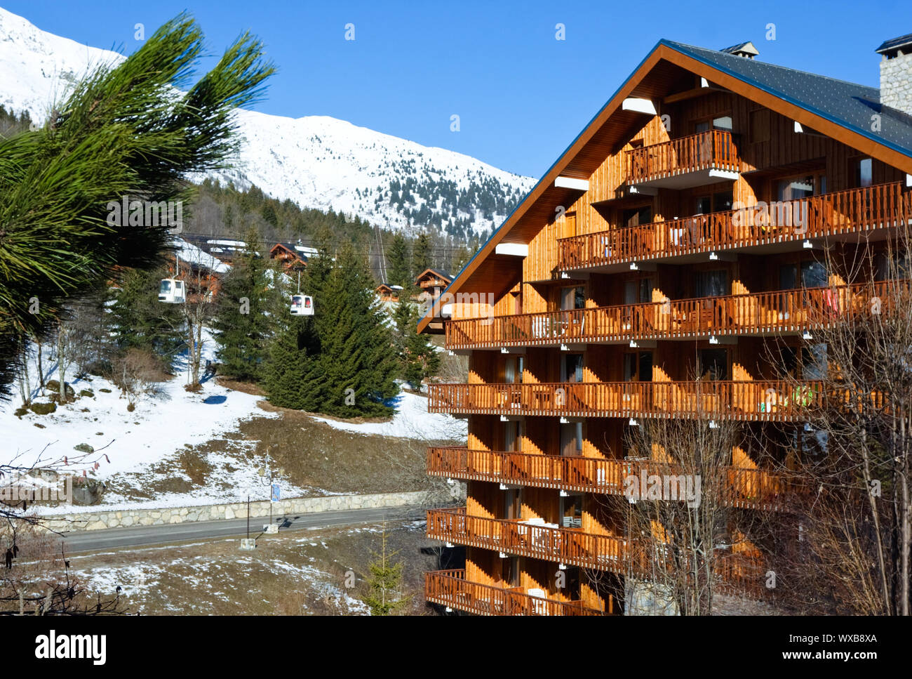 Chalets and ski lift cabins at Alpine ski resort Stock Photo - Alamy
