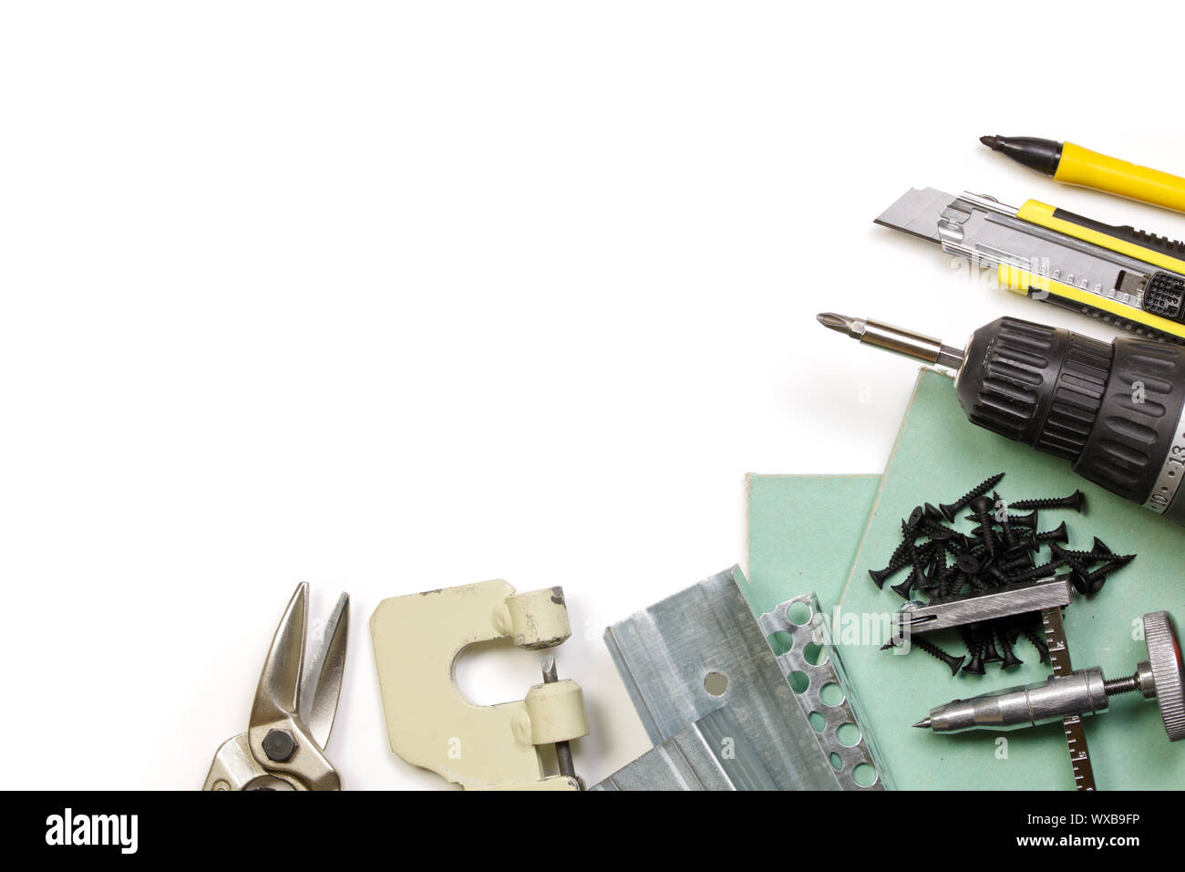 Plasterboard tools set with metal studs, screws, screwgun, cutter ...