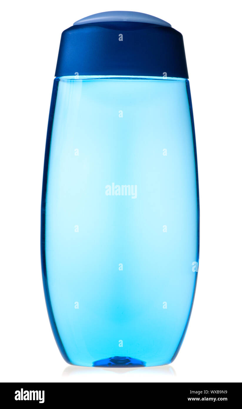Blue transparent shampoo bottle on white background Stock Photo - Alamy