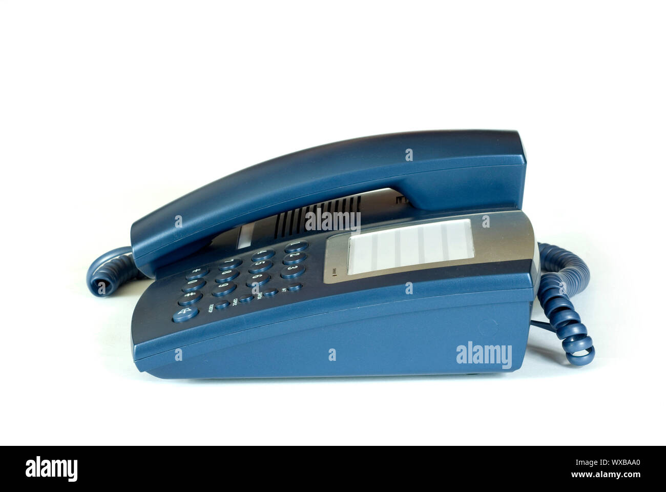 blue office telephone on a white background Stock Photo - Alamy