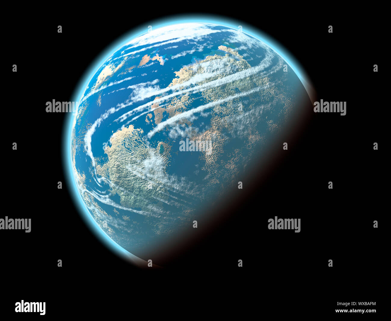 Planet in space with atmosphere and land masses Stock Photo - Alamy