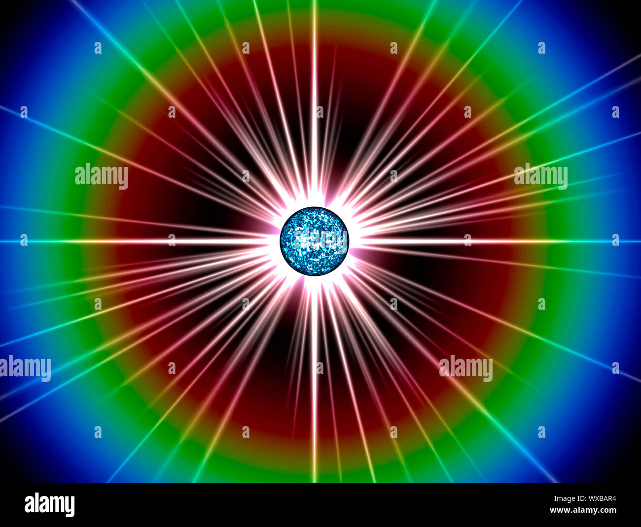 Sun with shining rays in the rendering of the universe 3D Stock Photo ...